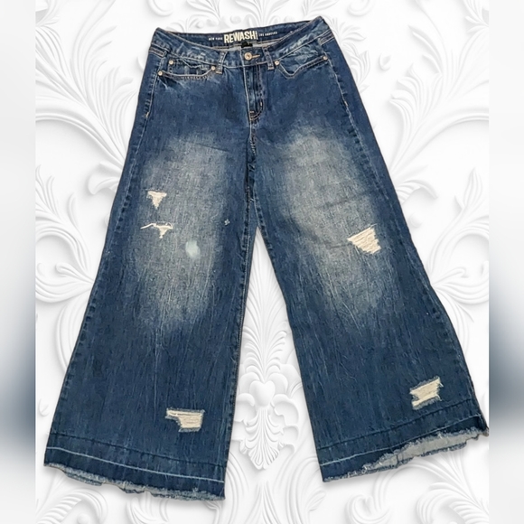 Rewash | Jeans | Womans Distressed Blue Wash Wide Leg Flared Capris ...
